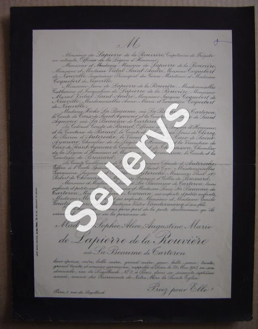 FAIRE-PART DE DÉCÈS Marie de LAPIERRE de la Rouvière née La Beaume de Tarteron EUR 24,90 ...