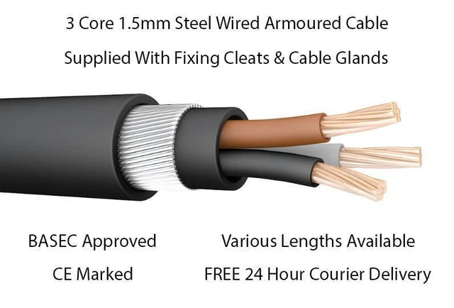 3 CORE 1.5MM SWA Armoured Cable + Fixing Cleats & Gland Pack - Various ...
