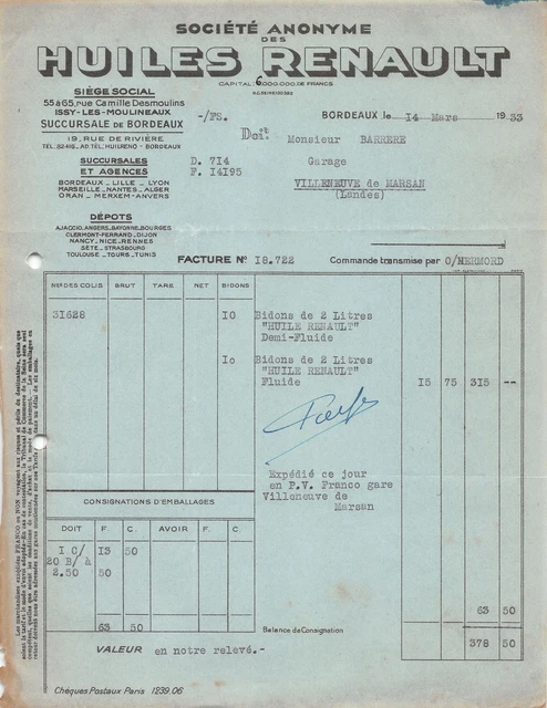1933 FACTURE Huiles Renault Issy Les Moulineaux M.barrere Villeneuve De ...