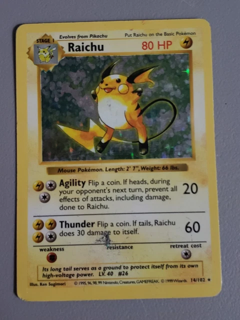 POKÉMON TCG RAICHU Base Set 14/102 Holo Shadowless Holo Rare HP $47.00 ...