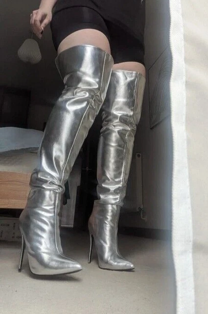 SXXY SILVER PU LEATHER BACK ZIP THIGH HIGH BOOTS * 5 uk * CLUBBING ...