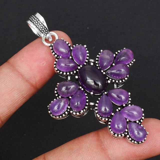 PENDENTIF CROIX ETHYSTE pierres précieuses ethnique fait main bijoux 2,88" AP-78080 EUR 7,44 ...