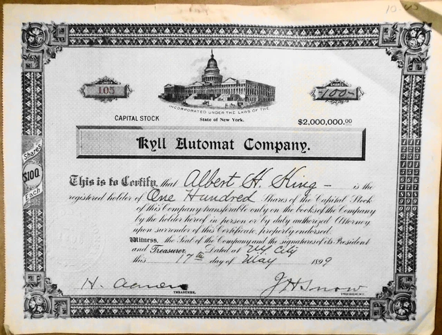 1899 KYLL AUTOMAT Company, New York - Rare Stock Certificat, 100 Shares ...