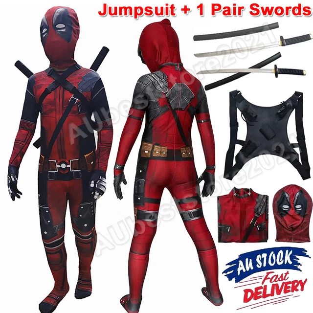 KIDS BOYS DEADPOOL Costume Jumpsuit Swords Superhero Cosplay Fancy ...
