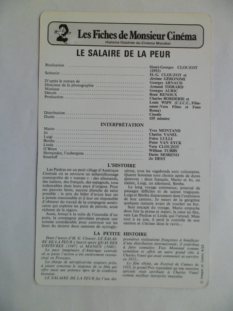 CARTE FICHE CINEMA 1953 LE SALAIRE DE LA PEUR Yves Montand Charles ...