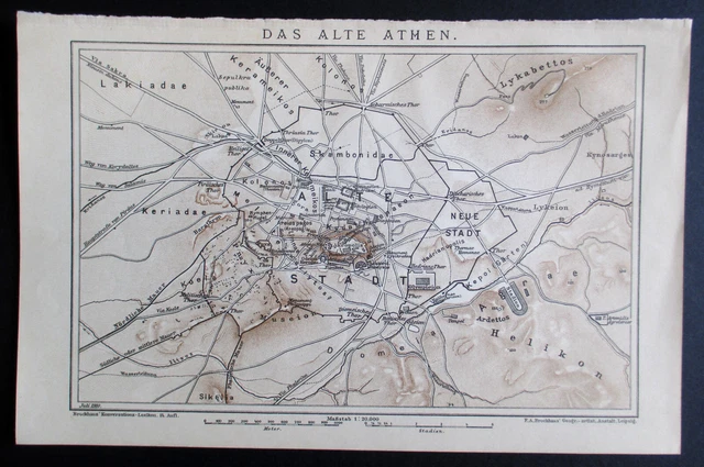 ANTIQUE MAP. HISTORICAL CITY MAP OF ANCIENT ATHENS. ANCIENT GREECE ...