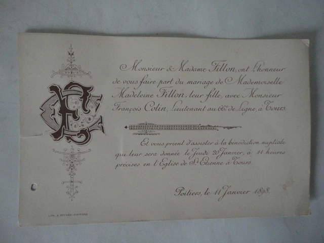 ANCIEN CARTON D'INVITATION mariage 1898 Tours EUR 5,00 - PicClick FR