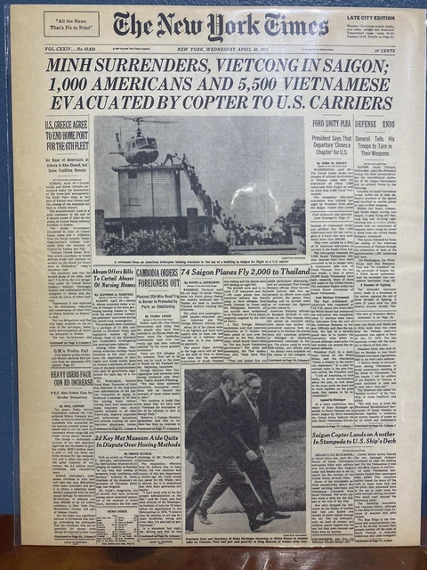 VINTAGE NEWSPAPER HEADLINE ~ Vietnam War Ends Saigon Falls Evacuate ...