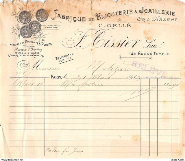 FACTURE 1913 Fabrique De Bijouterie Et Joaillerie F Cissier A Paris-M ...