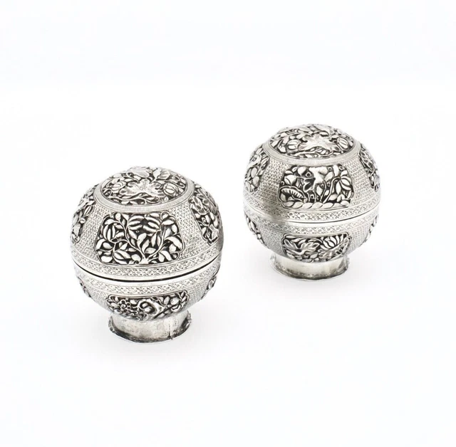 ANTIQUE CHINESE STRAITS Peranakan Pair Silver Betel Boxes Ball Sphere ...