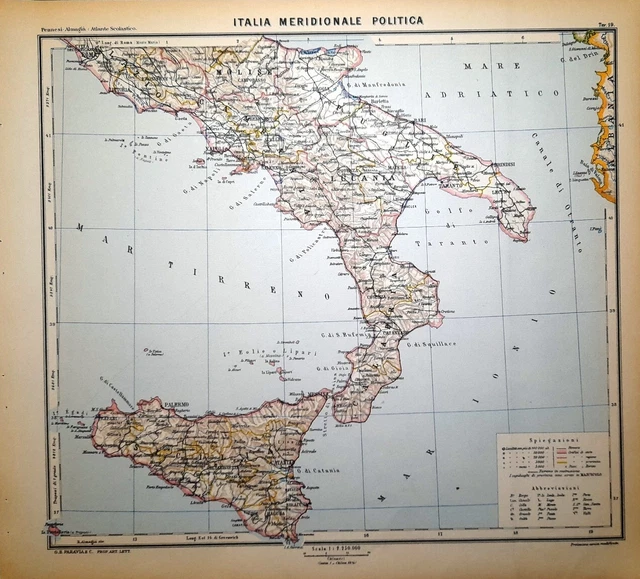 CARTA GEOGRAFICA ANTICA ITALIA MERIDIONALE ante 2 guerra mond. 1937 ...