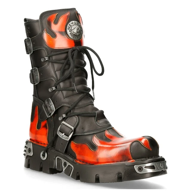 NEW ROCK 591-S1 Red Flame Boots Metal Black Leather Heavy Punk Gothic ...