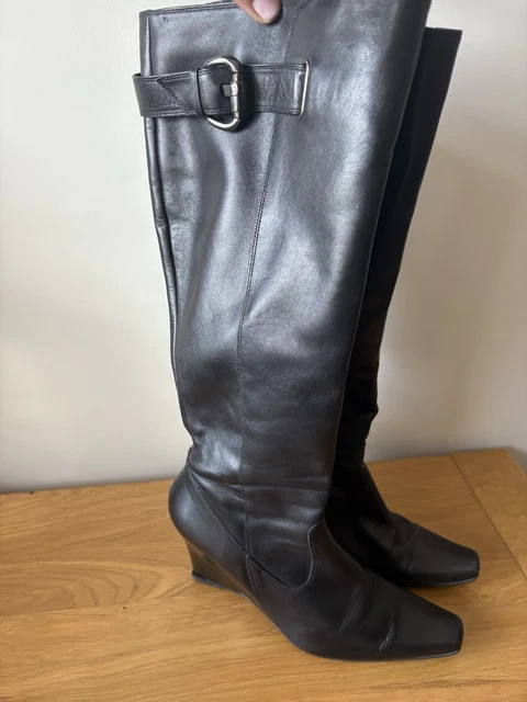 LADIES SOFT BLACK Leather Knee High Wedge Heeled Boots next 8 £26.68 ...