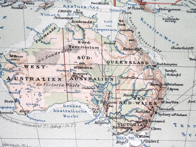 1901 ANTIQUE PHYSICAL Map Of Australia Oceania Pacific German Colonies ...