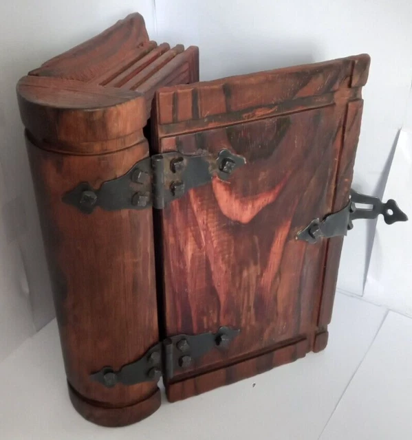 VINTAGE DISPLAY BOOK Shape Wooden Carved Safe Compartment Wood Box OLD ...