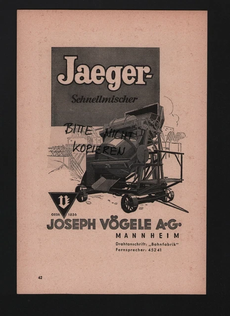 MANNHEIM, WERBUNG 1942, Joseph Vögele AG Jaeger-Schnellmischer EUR 14,99 - PicClick DE
