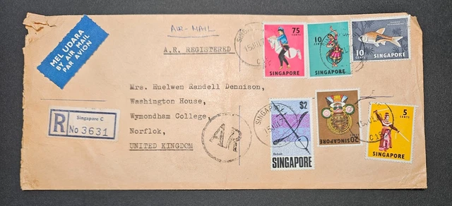 S.S. MALAYA SINGAPORE 1971 Reg. Airmail Cover SG C to Norfolk GB Rare ...