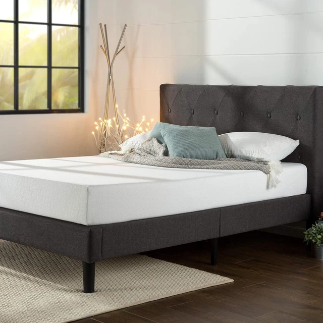 DOUBLE UPHOLSTERED BED Frame Tufted Headboard Dark Grey Wood Slats £789 ...