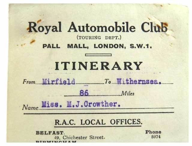 VINTAGE ROYAL AUTOMOBILE Club RAC Itinerary route map Mirfield to ...