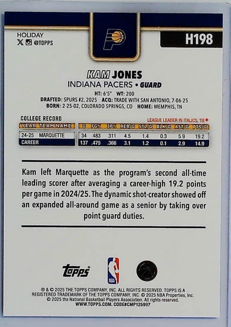 2025-26 TOPPS HOLIDAY - Kam Jones #H198 Holiday Light Blue & White ...
