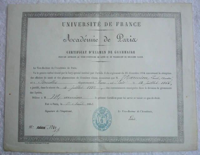 ANCIEN DIPLÔME CERTIFICAT de Grammaire, Université de France Paris, Daté de 1882 EUR 16,00 ...