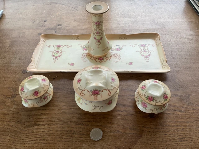 ANTIQUE CROWN DUCAL Blush Ivory Pottery Dressing Table Set Trinkets ...