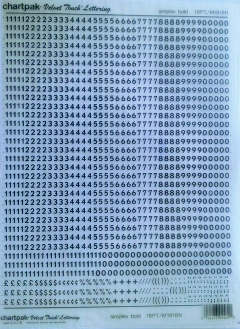 SIMPLEX BOLD NUMBERS 18pt (5 mm) CHARTPAK strofinare a secco sui trasferimenti numeri EUR 7,90 ...