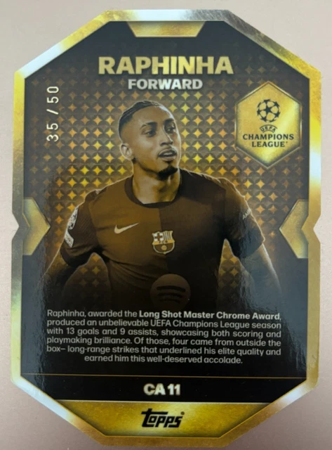 TOPPS MATCH ATTAX 2025/26 Raphinha GOLD NUMBERED /50 CA 11 CHROME AWARD ...