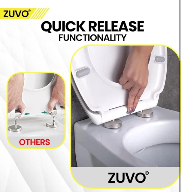 ZUVO LUXURY TOILET Seat White Soft Close Top Quick Release Hinges O ...