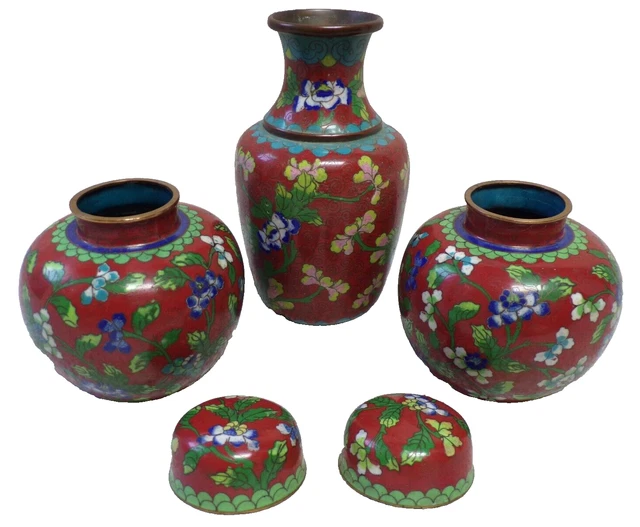 CLOISONNE VINTAGE VASE Asian Art Chinese Floral Pattern + 2 Ginger Jars ...