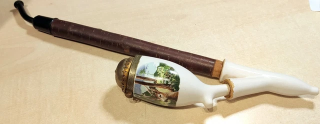 ALTE PFEIFE MIT PORZELLANKOPF mit Deckel++Jagdmotiv Rehbock im Wald+ ...