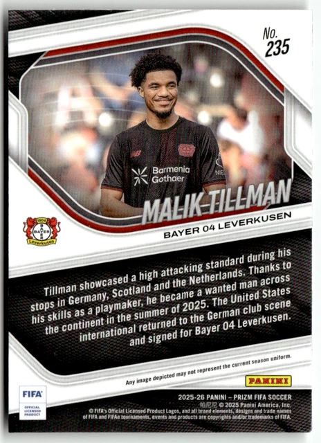 PANINI PRIZM FIFA 2025-26 N. 235 Malik Tillman Base Tarjeta Deportiva ...