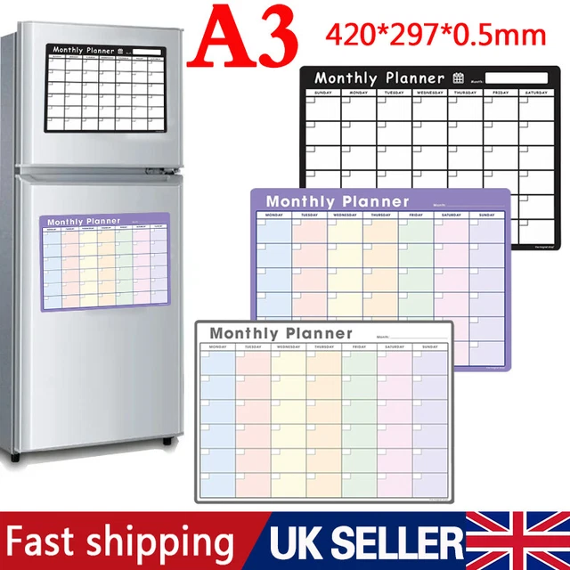 A3 FRIDGE CALENDAR, Magnetic Monthly Planner Whiteboard Dry Wipe Meal ...