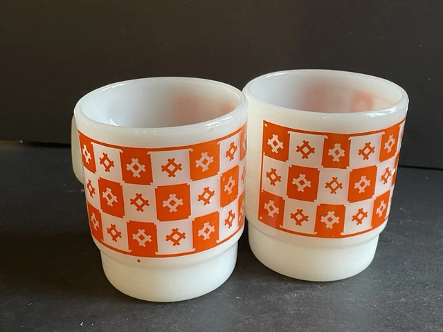 VINTAGE FIRE KING Anchor Hocking Orange Pattern Mugs Set Of 2 Mint ...