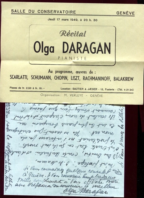 LETTRE AUTOGRAPHE DE la Pianiste Olga DARAGAN et Publicité Récital ...