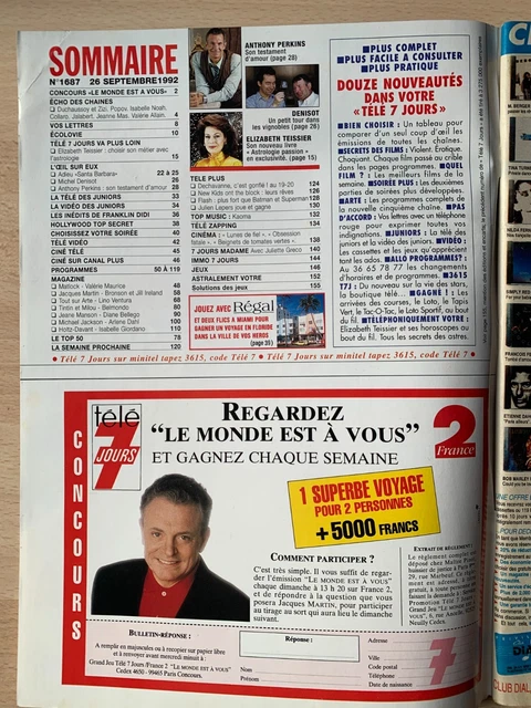 TÉLÉ 7 JOURS 26/09/1992; Adieu Santa-Barbara/ Interview Anthony Perkins ...