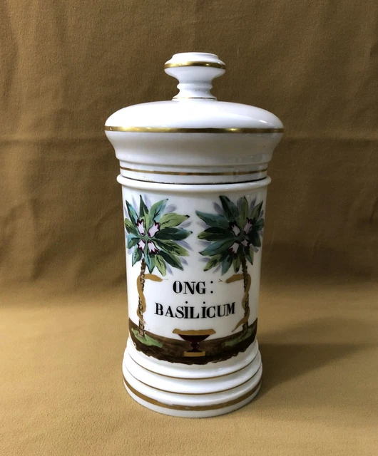 ANCIEN POT À pharmacie ONG: BASILICUM porcelaine de MEHUN signé 24cm ...