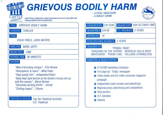 GRIEVOUS BODILY HARM (3) / Original Uk Promo Video Sleeve / Castle ...