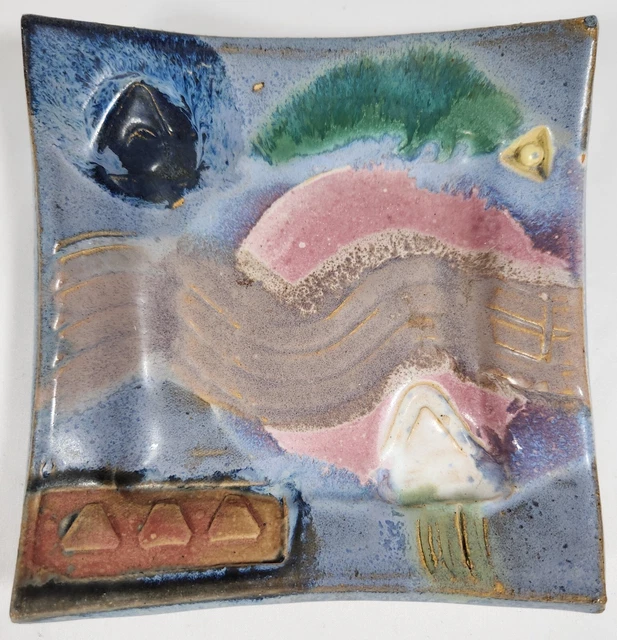 RARE VINTAGE SUSAN De May Signed Art Pottery Tribal Textured 6" Ashtray ...