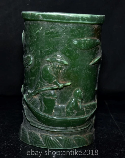 5.2 & CHINA Natural Green Jade Carved Dynasty People Pattern Brush Pot ...