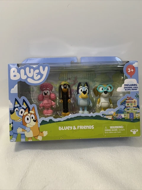 PACK BLUEY & Friends : figurines Snickers, Coco, Bluey & Honey flambant ...
