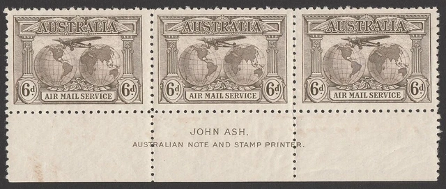 AUSTRALIA 1931 AIRMAIL 6d imprint strip, centre stamp re-entry. ACSC ...