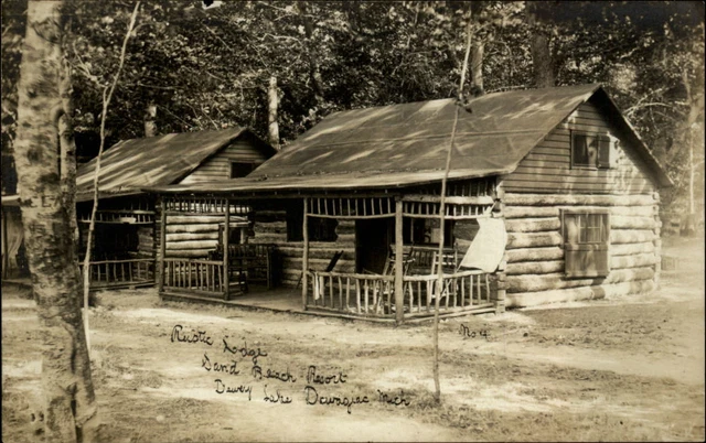RPPC DOWAGIAC MI RARE Sandy Beach Resort log cabin 1918-30s real photo ...