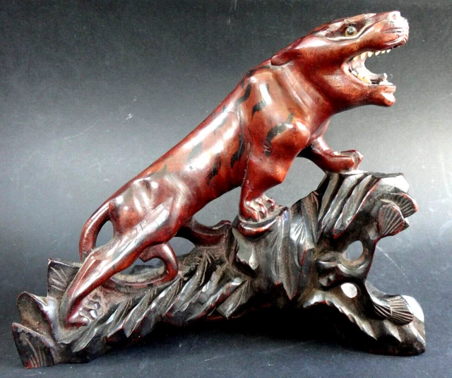 ANCIENNE SCULPTURE TIGRE Japon bois Old japanese tiger wooden carved ...