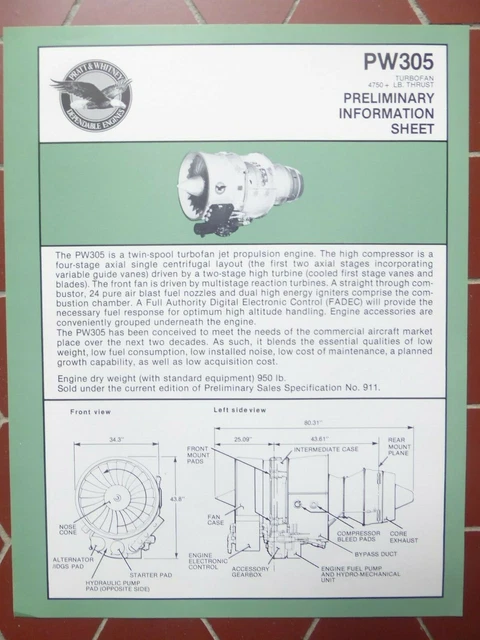 1988 DOCUMENT PRATT Whitney Canada Pw305 Turbofan Jet Propulsion Engine ...