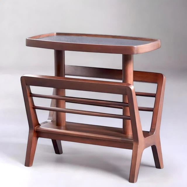 NEW DANISH MID-CENTURY Modern Magazine Rack & Side Table with Leather ...