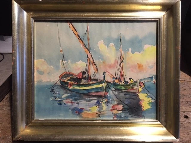 AQUARELLE IMPRESSIONNISTE MARINE tableau signée bateaux peche vintage cadre doré EUR 90,00 ...