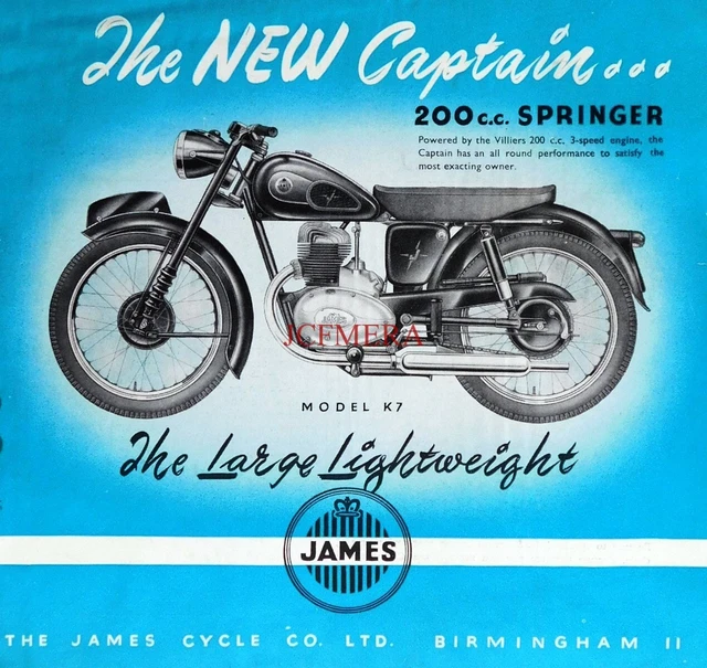JAMES CAPTAIN 'MODEL K7 200cc Springer' Motor Cycle : 18/03/1954 ADVERT ...
