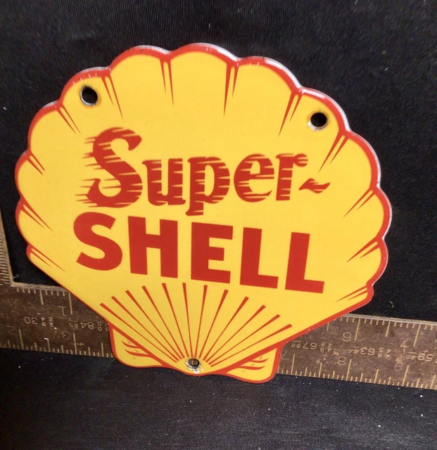 VINTAGE SUPER SHELL Gasoline Porcelain Service Station Gas Oil Clam ...