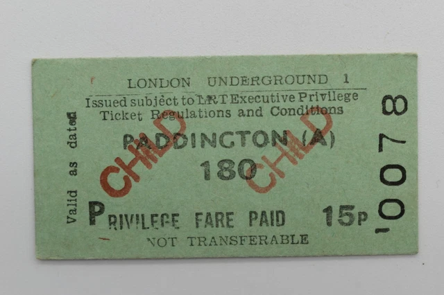 LONDON UNDERGROUND RAILWAY Ticket Paddington (A) 180 Child #0078 £3.00 ...